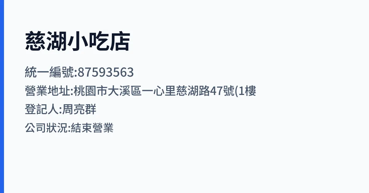 慈湖小吃店 - 統編 87593563(桃園市) 公司登記資料與營業項目詳細圖表