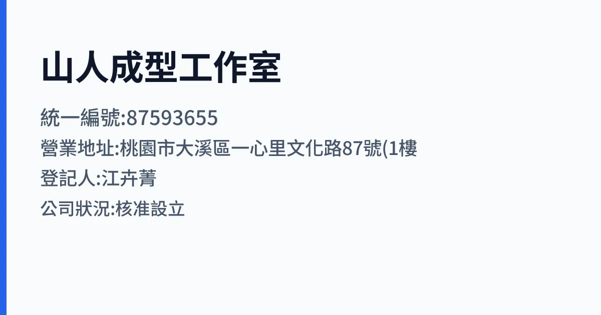 山人成型工作室 - 統編 87593655(桃園市) 公司登記資料與營業項目詳細圖表