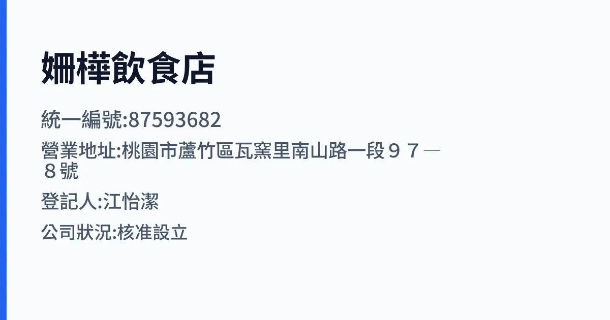 姍樺飲食店 - 統編 87593682(桃園市) 公司登記資料與營業項目詳細圖表