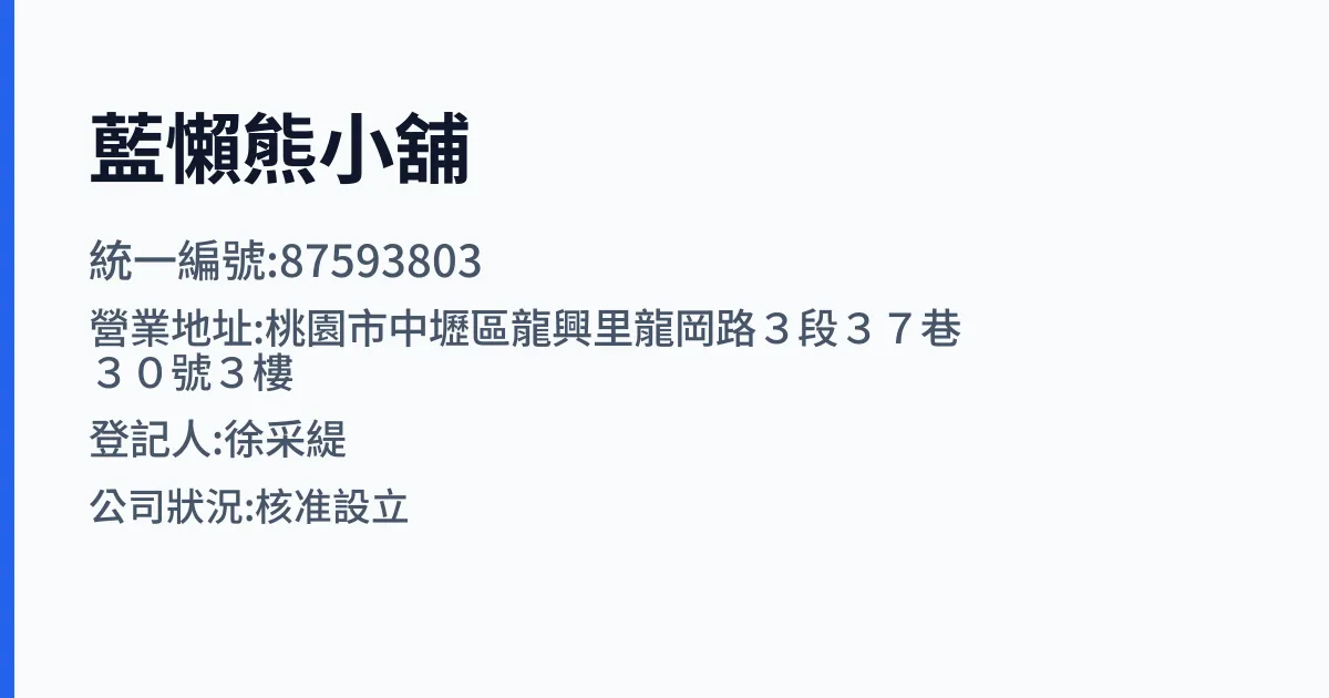 藍懶熊小舖 - 統編 87593803(桃園市) 公司登記資料與營業項目詳細圖表