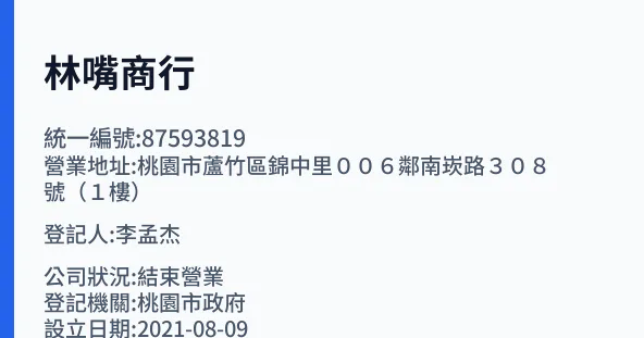 林嘴商行的照片-統編 87593819(桃園市) 公司登記資料與營業項目詳細圖表
