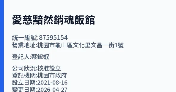 愛慈黯然銷魂飯館的照片-統編 87595154(桃園市) 公司登記資料與營業項目詳細圖表