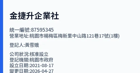 金捷升企業社的照片-統編 87595345(桃園市) 公司登記資料與營業項目詳細圖表