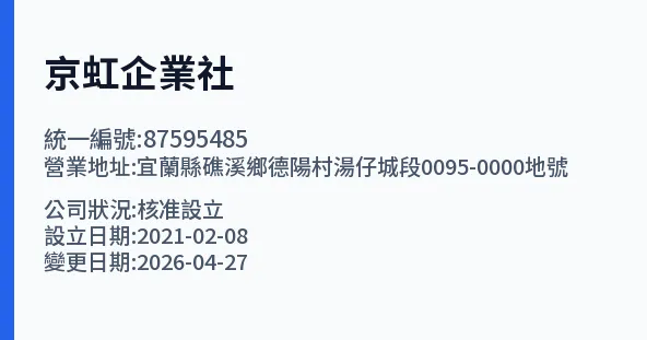京虹企業社的照片-統編 87595485(宜蘭縣) 公司登記資料與營業項目詳細圖表