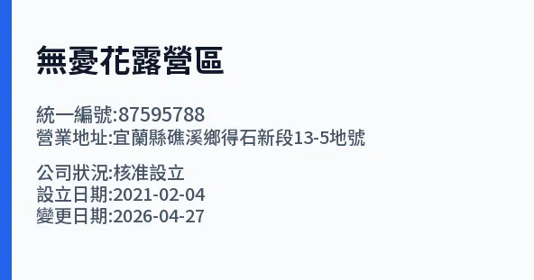 無憂花露營區的照片-統編 87595788(宜蘭縣) 公司登記資料與營業項目詳細圖表