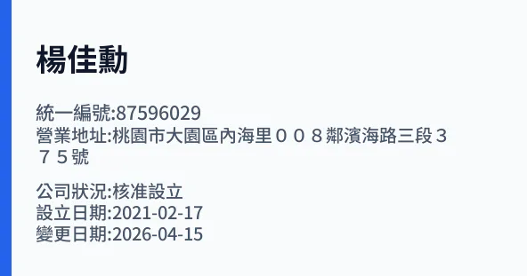 楊佳勳的照片-統編 87596029(桃園市) 公司登記資料與營業項目詳細圖表
