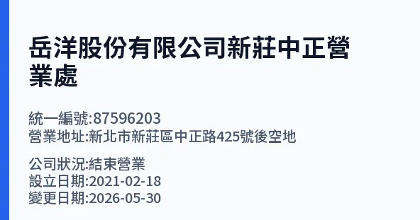 岳洋股份有限公司新莊中正營業處的照片-統編 87596203(新北市) 公司登記資料與營業項目詳細圖表