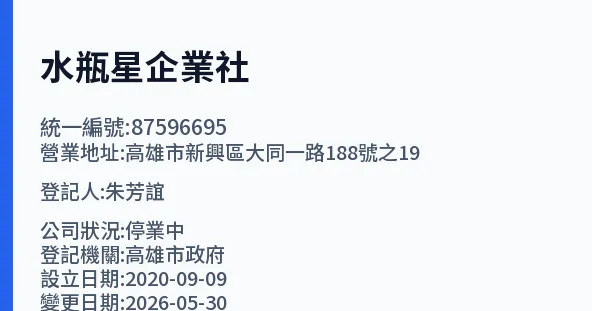 水瓶星企業社的照片-統編 87596695(高雄市) 公司登記資料與營業項目詳細圖表
