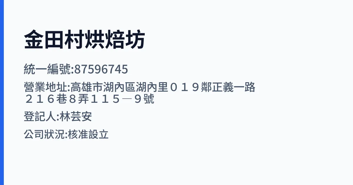 金田村烘焙坊 - 統編 87596745(高雄市) 公司登記資料與營業項目詳細圖表