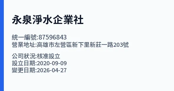永泉淨水企業社的照片-統編 87596843(高雄市) 公司登記資料與營業項目詳細圖表