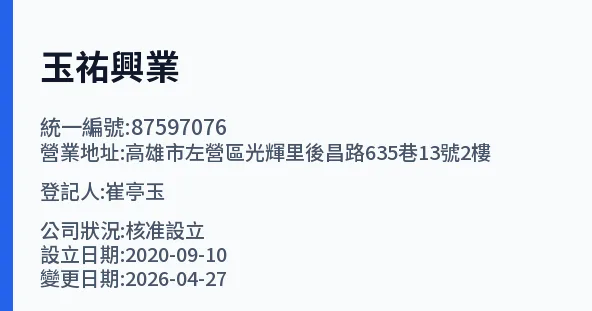 玉祐興業的照片-統編 87597076(高雄市) 公司登記資料與營業項目詳細圖表