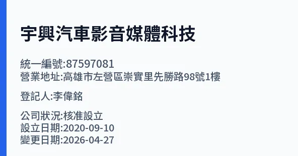 宇興汽車影音媒體科技的照片-統編 87597081(高雄市) 公司登記資料與營業項目詳細圖表