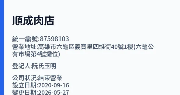 順成肉店的照片-統編 87598103(高雄市) 公司登記資料與營業項目詳細圖表