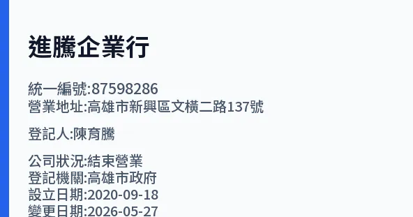 進騰企業行的照片-統編 87598286(高雄市) 公司登記資料與營業項目詳細圖表