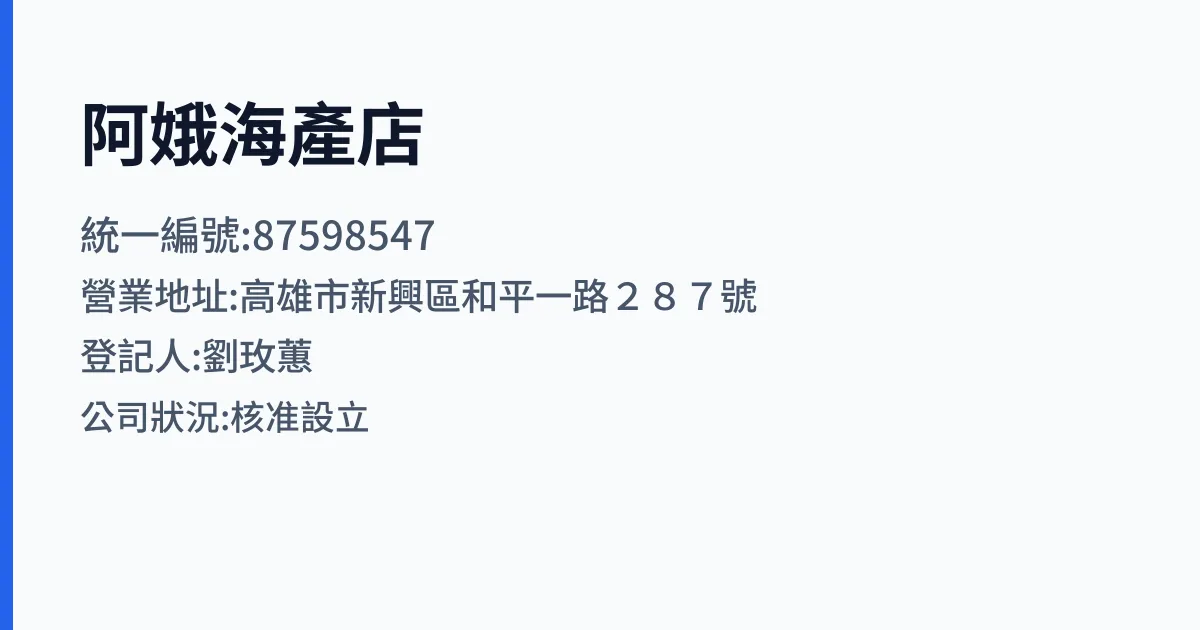 阿娥海產店 - 統編 87598547(高雄市) 公司登記資料與營業項目詳細圖表