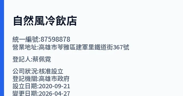 自然風冷飲店的照片-統編 87598878(高雄市) 公司登記資料與營業項目詳細圖表