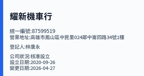 耀新機車行的照片-統編 87599519(高雄市) 公司登記資料與營業項目詳細圖表