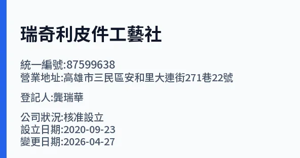 瑞奇利皮件工藝社的照片-統編 87599638(高雄市) 公司登記資料與營業項目詳細圖表