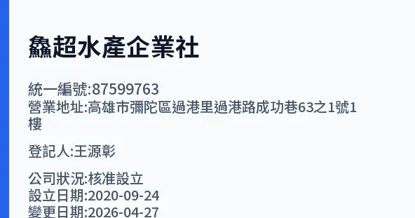 鱻超水產企業社的照片-統編 87599763(高雄市) 公司登記資料與營業項目詳細圖表
