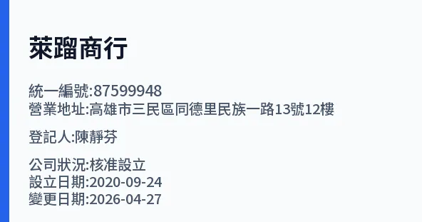 萊蹓商行的照片-統編 87599948(高雄市) 公司登記資料與營業項目詳細圖表