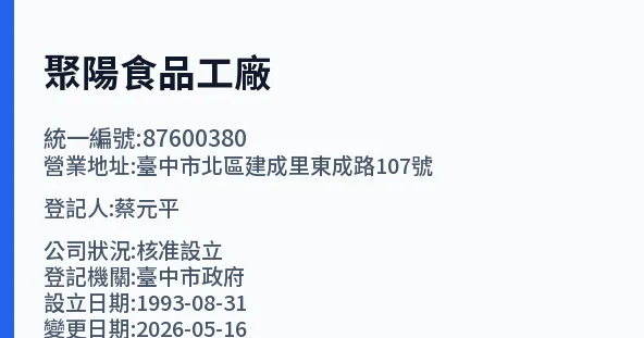 聚陽食品工廠的照片-統編 87600380(臺中市) 公司登記資料與營業項目詳細圖表