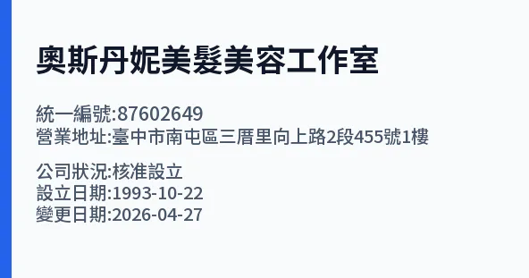 奧斯丹妮美髮美容工作室的照片-統編 87602649(臺中市) 公司登記資料與營業項目詳細圖表