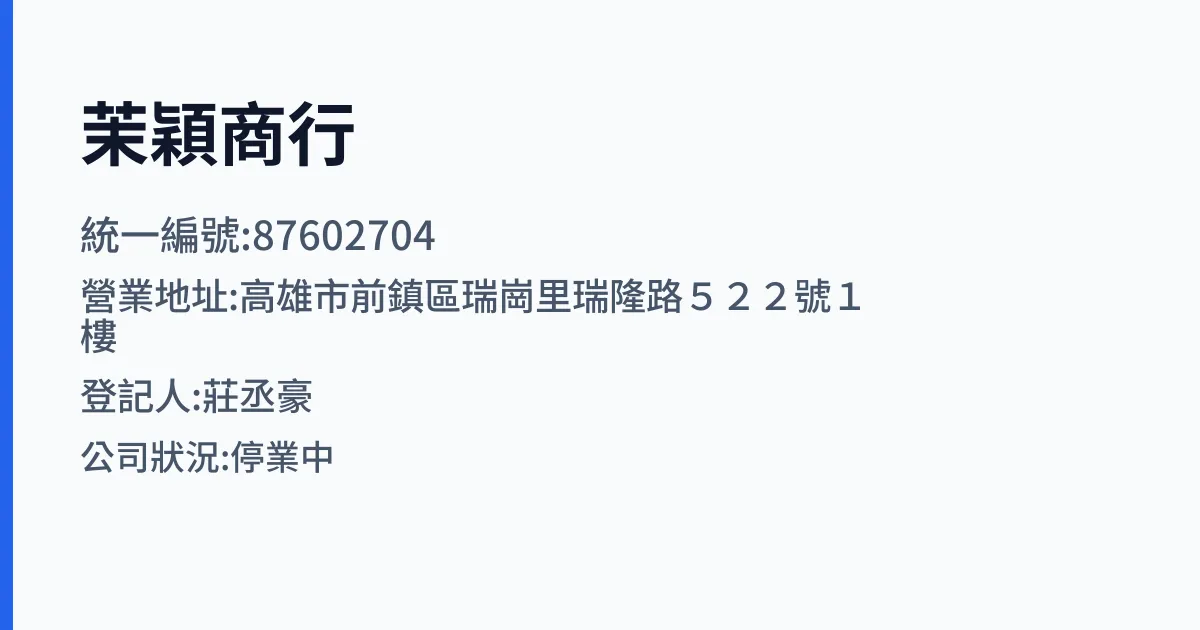 茉穎商行 - 統編 87602704(高雄市) 公司登記資料與營業項目詳細圖表