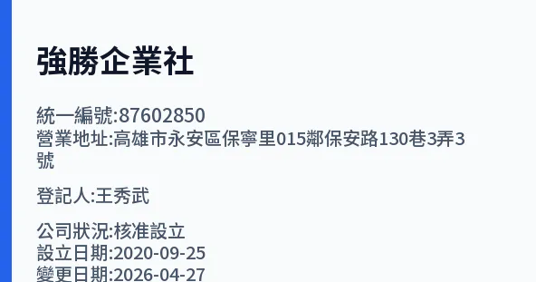 強勝企業社的照片-統編 87602850(高雄市) 公司登記資料與營業項目詳細圖表