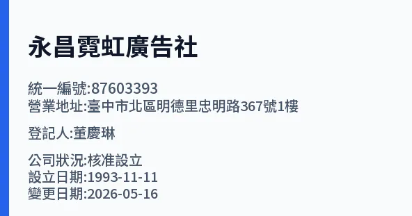永昌霓虹廣告社的照片-統編 87603393(臺中市) 公司登記資料與營業項目詳細圖表