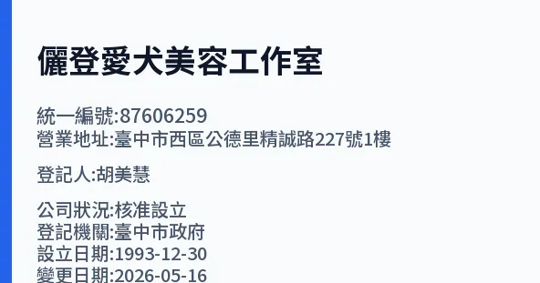 儷登愛犬美容工作室的照片-統編 87606259(臺中市) 公司登記資料與營業項目詳細圖表