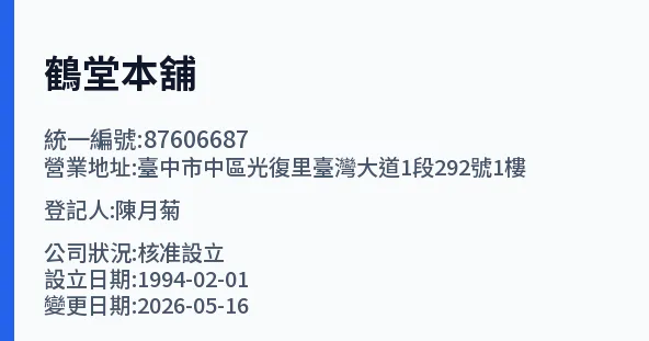 鶴堂本舖的照片-統編 87606687(臺中市) 公司登記資料與營業項目詳細圖表