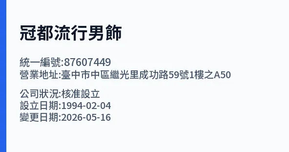 冠都流行男飾的照片-統編 87607449(臺中市) 公司登記資料與營業項目詳細圖表