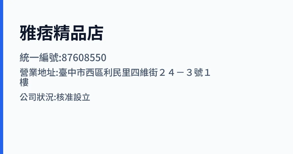 雅痞精品店 - 統編 87608550(臺中市) 公司登記資料與營業項目詳細圖表