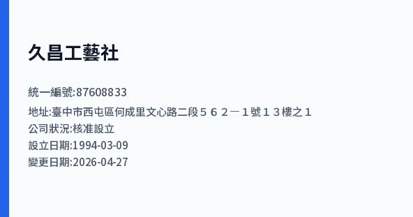 久昌工藝社的照片-統編 87608833(臺中市) 公司登記資料與營業項目詳細圖表