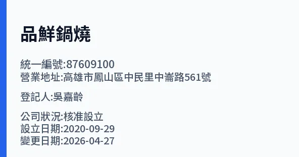 品鮮鍋燒的照片-統編 87609100(高雄市) 公司登記資料與營業項目詳細圖表