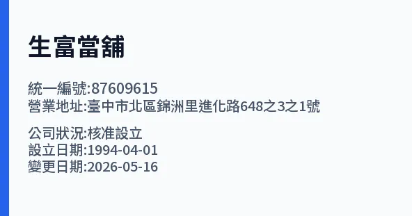 生富當舖的照片-統編 87609615(臺中市) 公司登記資料與營業項目詳細圖表