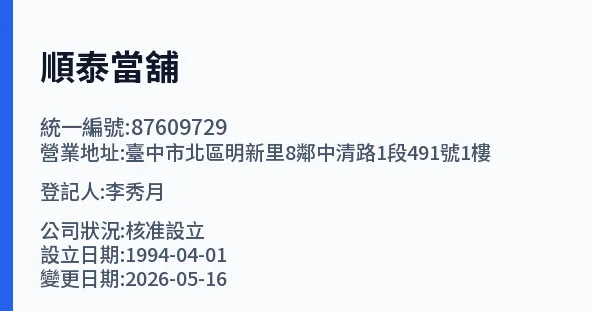 順泰當舖的照片-統編 87609729(臺中市) 公司登記資料與營業項目詳細圖表