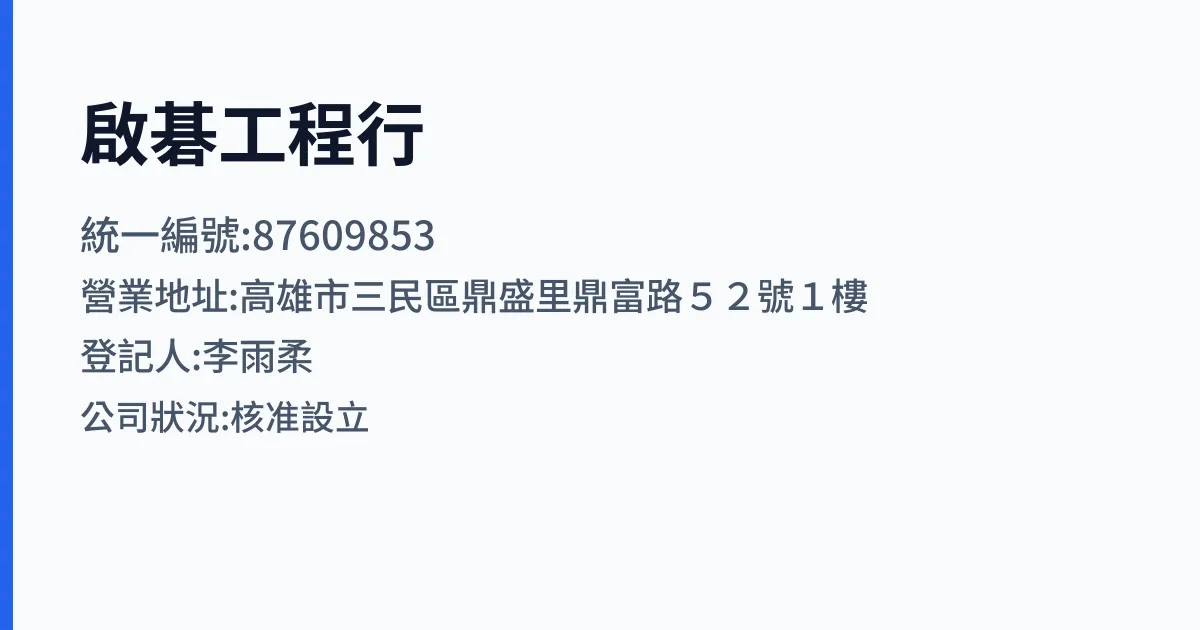 啟碁工程行 - 統編 87609853(高雄市) 公司登記資料與營業項目詳細圖表