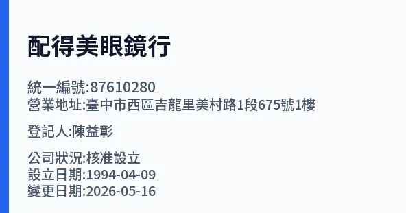 配得美眼鏡行的照片-統編 87610280(臺中市) 公司登記資料與營業項目詳細圖表