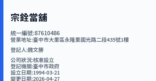 宗銓當舖的照片-統編 87610486(臺中市) 公司登記資料與營業項目詳細圖表