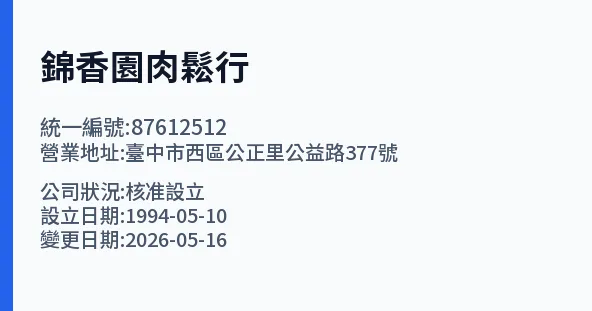 錦香園肉鬆行的照片-統編 87612512(臺中市) 公司登記資料與營業項目詳細圖表