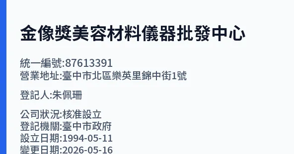 金像獎美容材料儀器批發中心的照片-統編 87613391(臺中市) 公司登記資料與營業項目詳細圖表