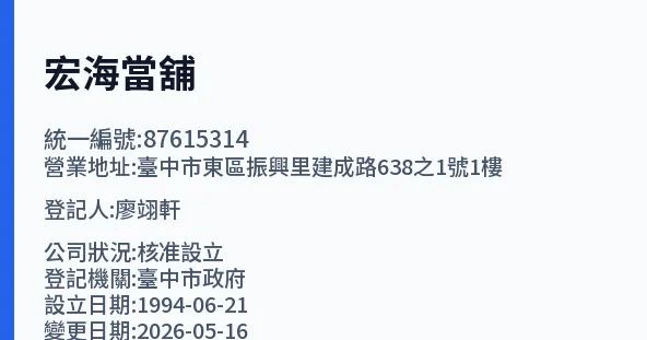 宏海當舖的照片-統編 87615314(臺中市) 公司登記資料與營業項目詳細圖表