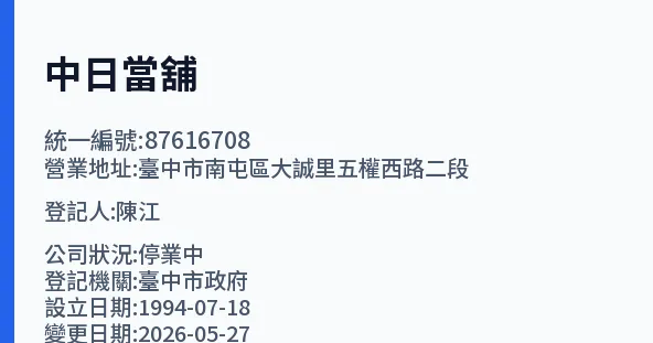 中日當舖的照片-統編 87616708(臺中市) 公司登記資料與營業項目詳細圖表