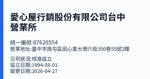 愛心屋行銷股份有限公司台中營業所的照片-統編 87620554(臺中市) 公司登記資料與營業項目詳細圖表
