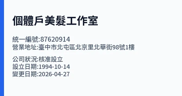 個體戶美髮工作室的照片-統編 87620914(臺中市) 公司登記資料與營業項目詳細圖表