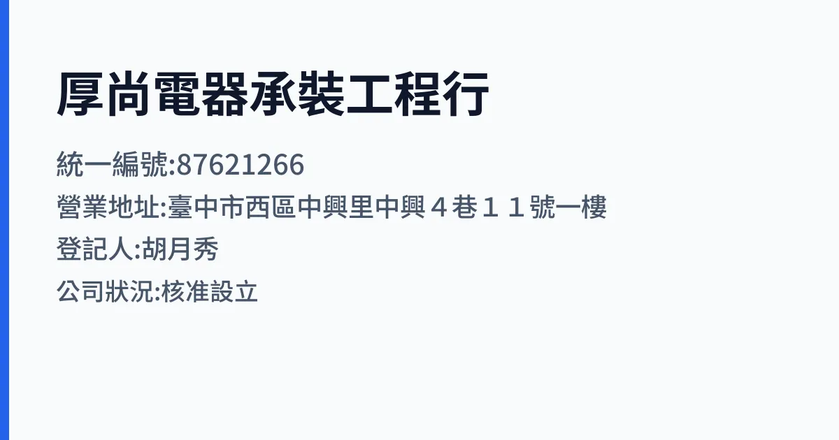 厚尚電器承裝工程行 - 統編 87621266(臺中市) 公司登記資料與營業項目詳細圖表