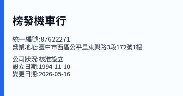 榜發機車行的照片-統編 87622271(臺中市) 公司登記資料與營業項目詳細圖表