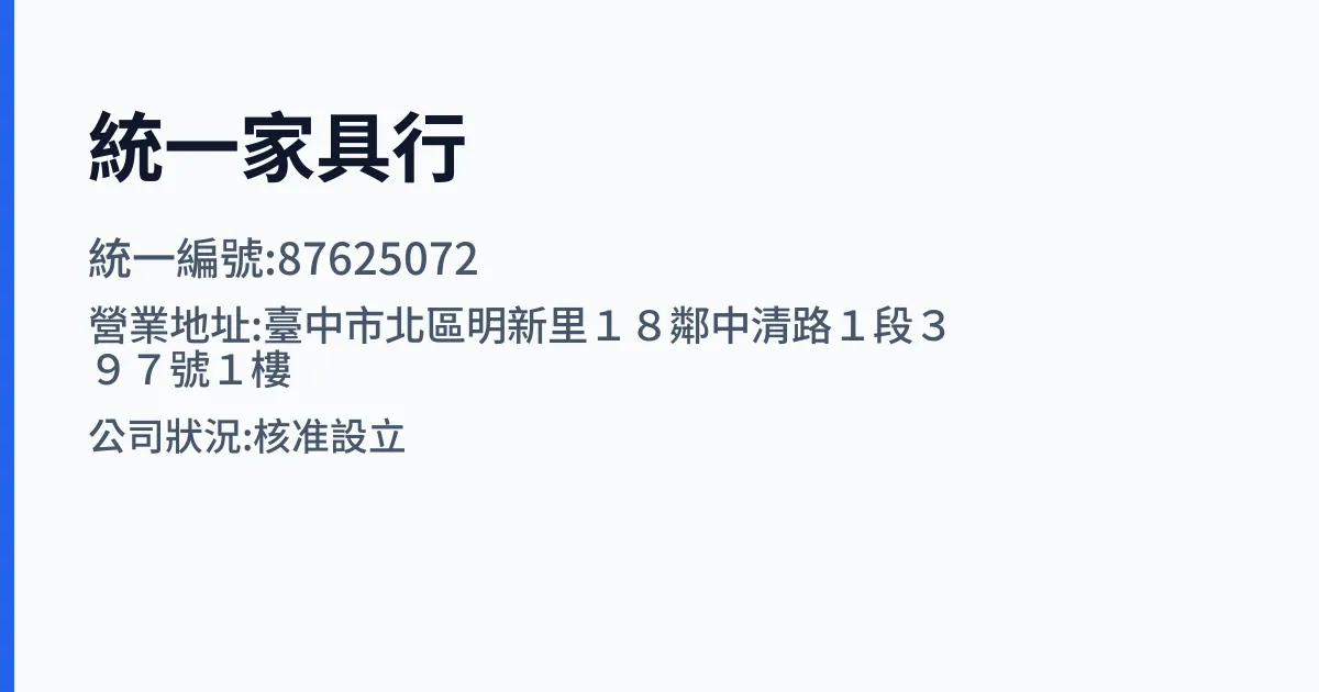 統一家具行 - 統編 87625072(臺中市) 公司登記資料與營業項目詳細圖表