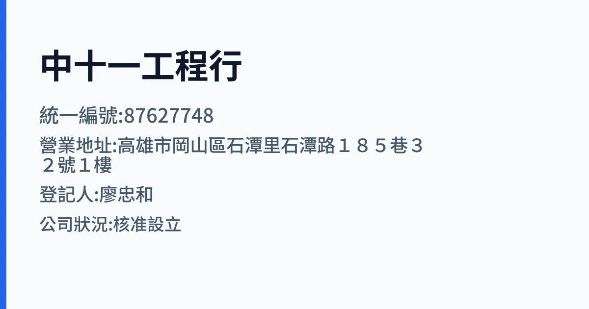 中十一工程行 - 統編 87627748(高雄市) 公司登記資料與營業項目詳細圖表